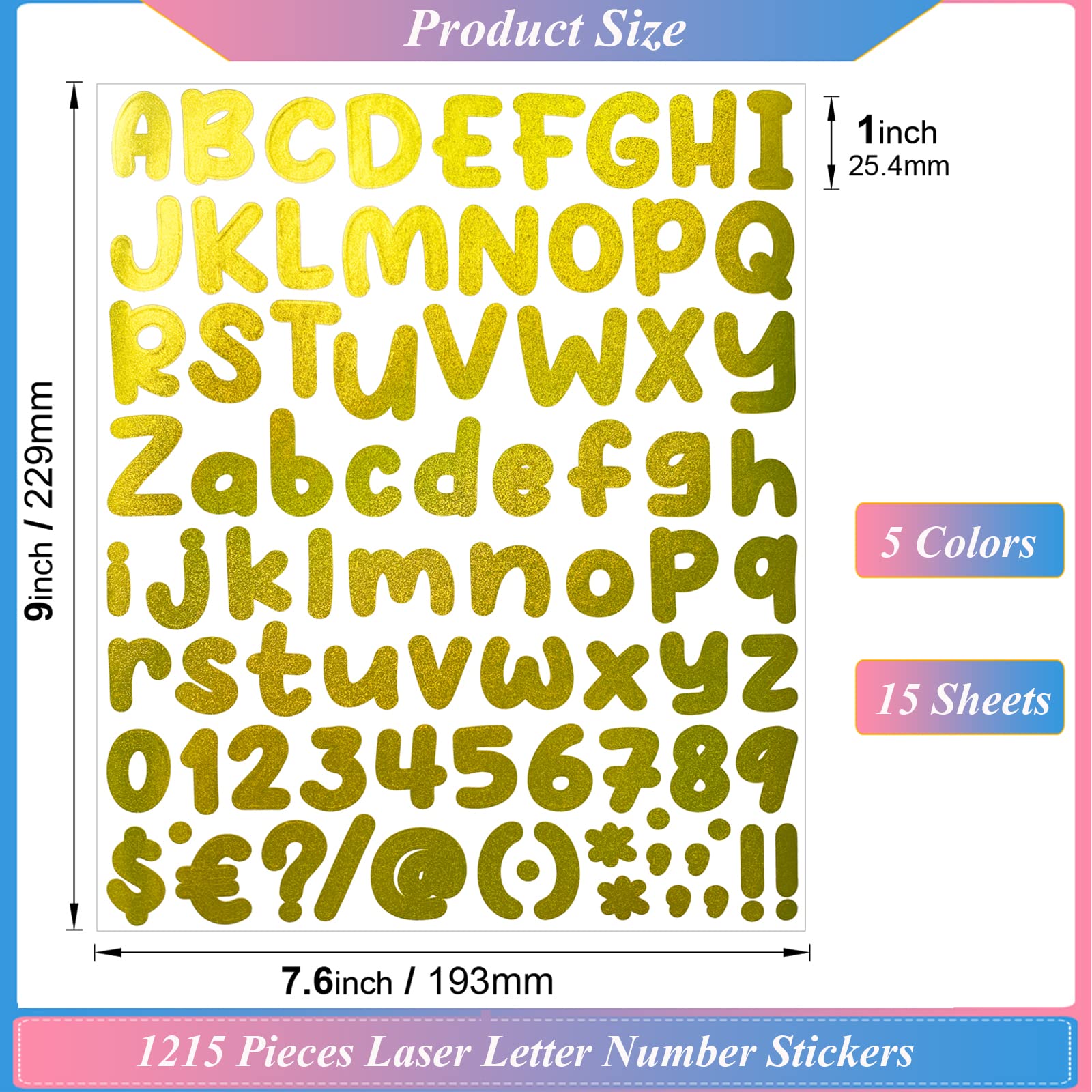 1215 Pieces 15 Sheets Holographic Laser Letter Stickers Self Adhesive Vinyl Letters, Alphabet Number Stickers, Decals for Mailbox,Sign,Business,Home,Office,School (1 Inch)