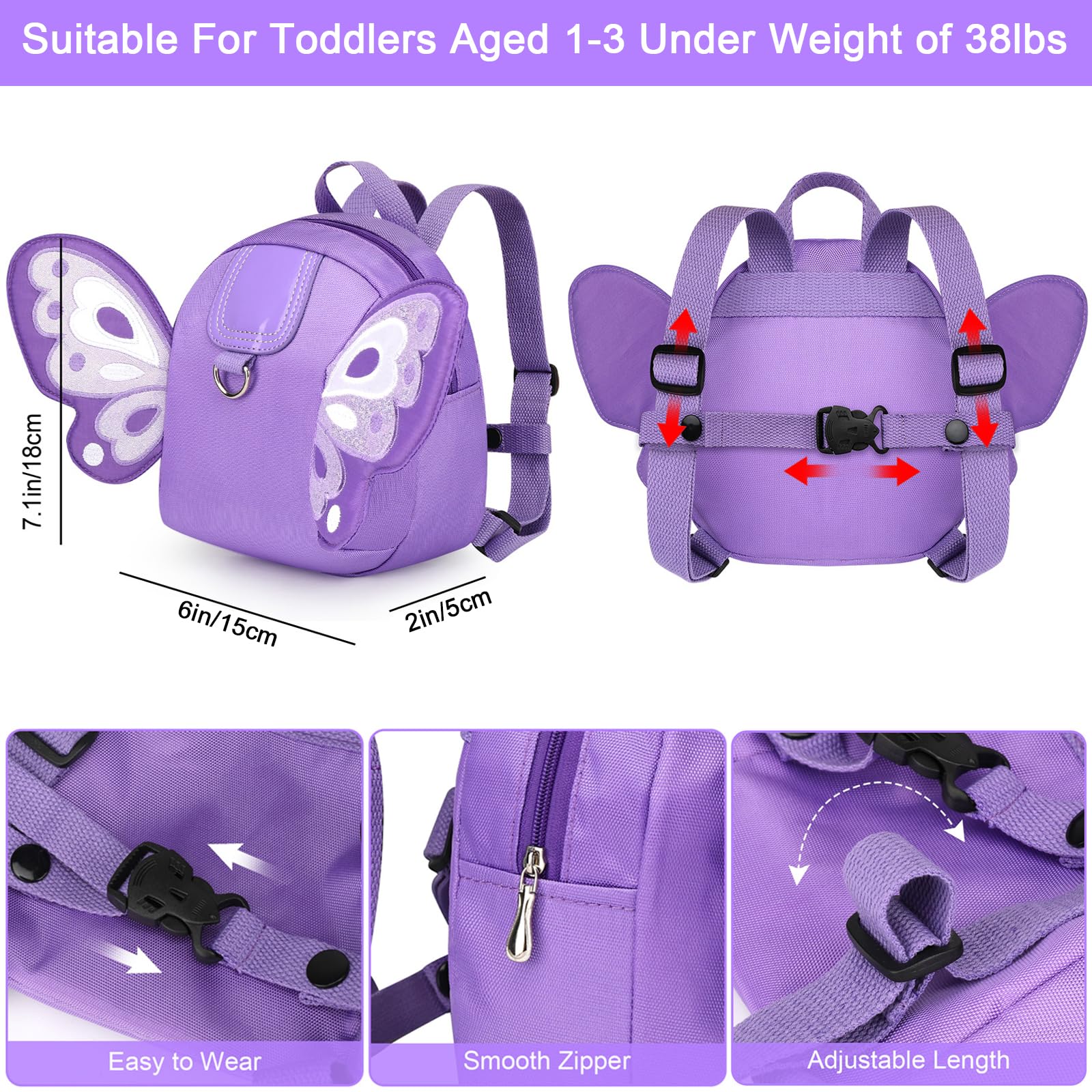 Accmor Toddler Harness Backpack Leash, Cute Butterfly Kid Backpacks with Anti Lost Wrist Link, Mini Child Backpack Harness Leashes Walking Wristband Travel Bag Harness Rein for Baby Girls (Purple)