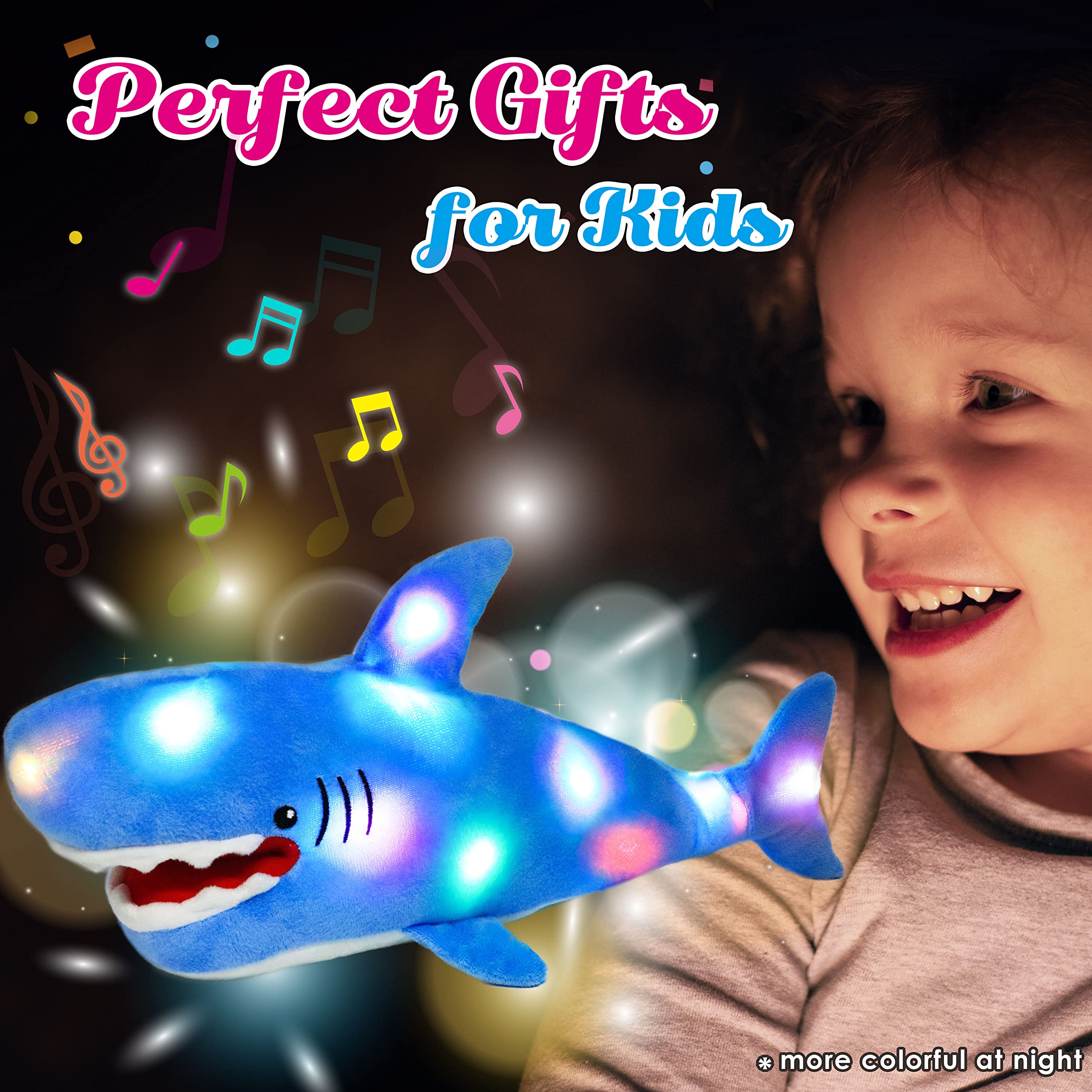 Cuteoy Shark LED Musical Stuffed Animal Light-up Singing Plush Adjustable Volume Lullaby Plushies Birthday Christmas Toy Gifts for Kids Toddler Girls, 13"