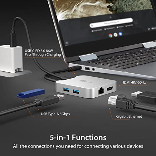 j5create USB C Hub - 4K 60Hz HDMI, 100W PD, 2 x USB-A, Ethernet | for Steam Deck, MacBook, ChromeBook, XPS, Surface Pro (JCD391)