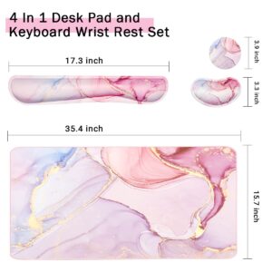 Keyboard Mouse Pad Set, Extended Mouse Pad+Keyboard Wrist Rest Support, Memory Foam Ergonomic Easy Typing, 3Pcs (35.4×15.7 in) Desk Pad Set for Home Office Study Game- Pink Marble