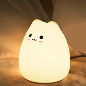 led cat night light, battery powered night light for kids, silicone multicolor cute cat lamp with warm white and 7-color breathing mode, christmas gifts for kids, baby, children, lady (cute cat)