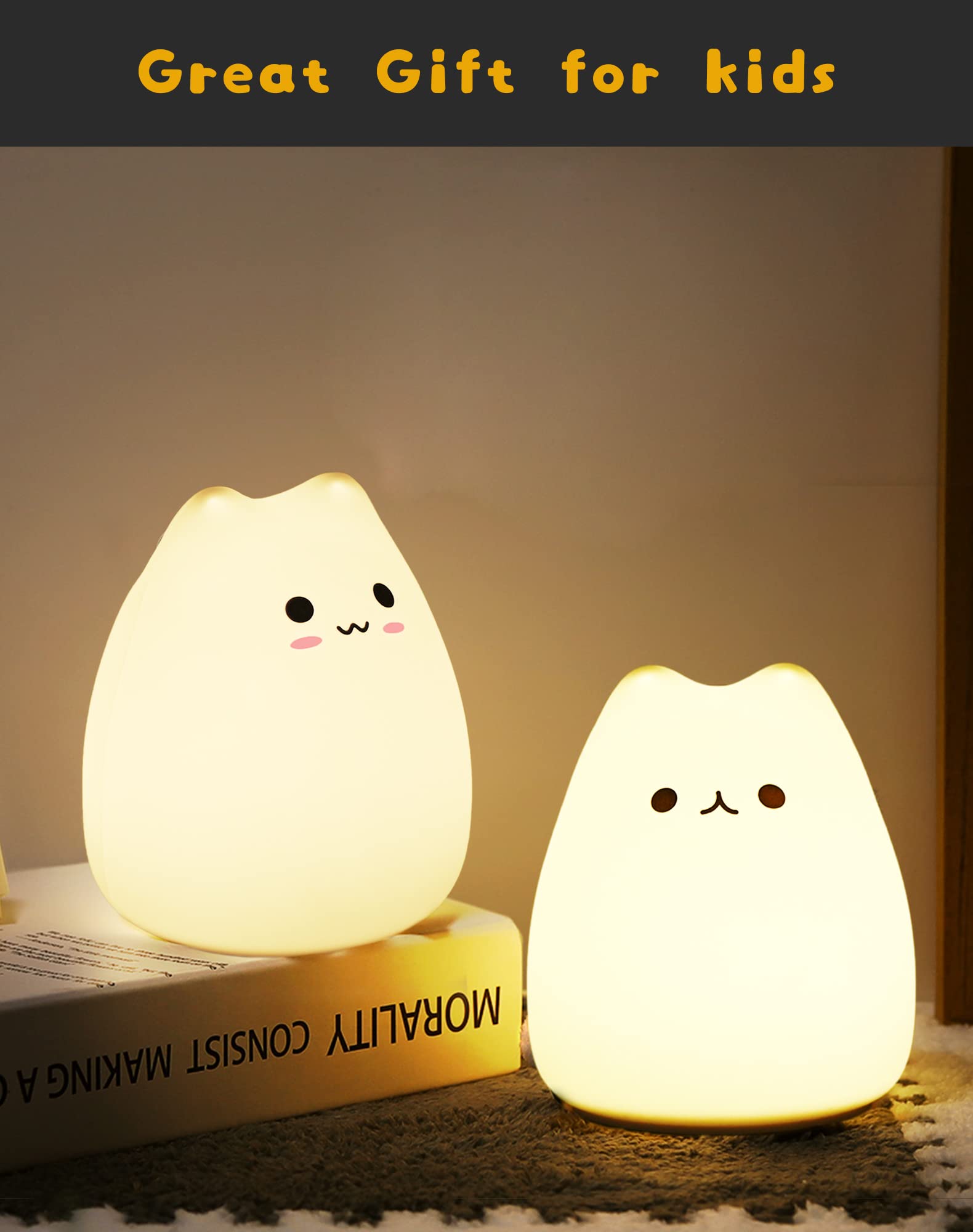 LED Cat Night Light, Battery Powered Night Light for Kids, Silicone Multicolor Cute Cat Lamp with Warm White and 7-Color Breathing Mode, Christmas Gifts for Kids, Baby, Children, Lady (Cute Cat)