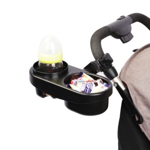 mtrsue universal stroller cup holder with snack tray, 360° rotation removable stroller accessories with non slip clip firmly grip stroller bar