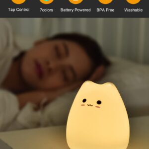 LED Cat Night Light, Battery Powered Night Light for Kids, Silicone Multicolor Cute Cat Lamp with Warm White and 7-Color Breathing Mode, Christmas Gifts for Kids, Baby, Children, Lady (Cute Cat)