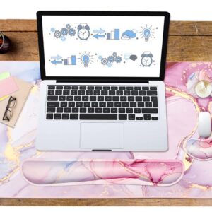 Keyboard Mouse Pad Set, Extended Mouse Pad+Keyboard Wrist Rest Support, Memory Foam Ergonomic Easy Typing, 3Pcs (35.4×15.7 in) Desk Pad Set for Home Office Study Game- Pink Marble