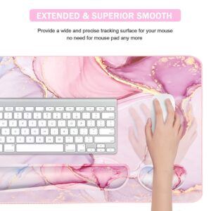 Keyboard Mouse Pad Set, Extended Mouse Pad+Keyboard Wrist Rest Support, Memory Foam Ergonomic Easy Typing, 3Pcs (35.4×15.7 in) Desk Pad Set for Home Office Study Game- Pink Marble