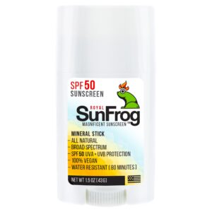 royal sunfrog | all natural spf-50 sunscreen mineral stick | 100% vegan, broad spectrum uva + uvb, roll on sunscreen stick for face & body (1.5oz/43g)