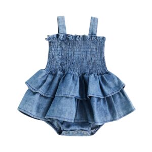 baby girl denim rompers sleeveless suspender pleated ruffle hem bottom snap jumpsuits dress clothes (blue, 3-6 months)