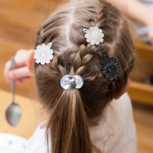 72 Pcs Hair Accessories Set - Barrettes, Hair Balls, Self Hinge Ties, Bubble Bows, Flowers, Plastic Clips for Girls, Baby, Toddler (Black, White, Clear)