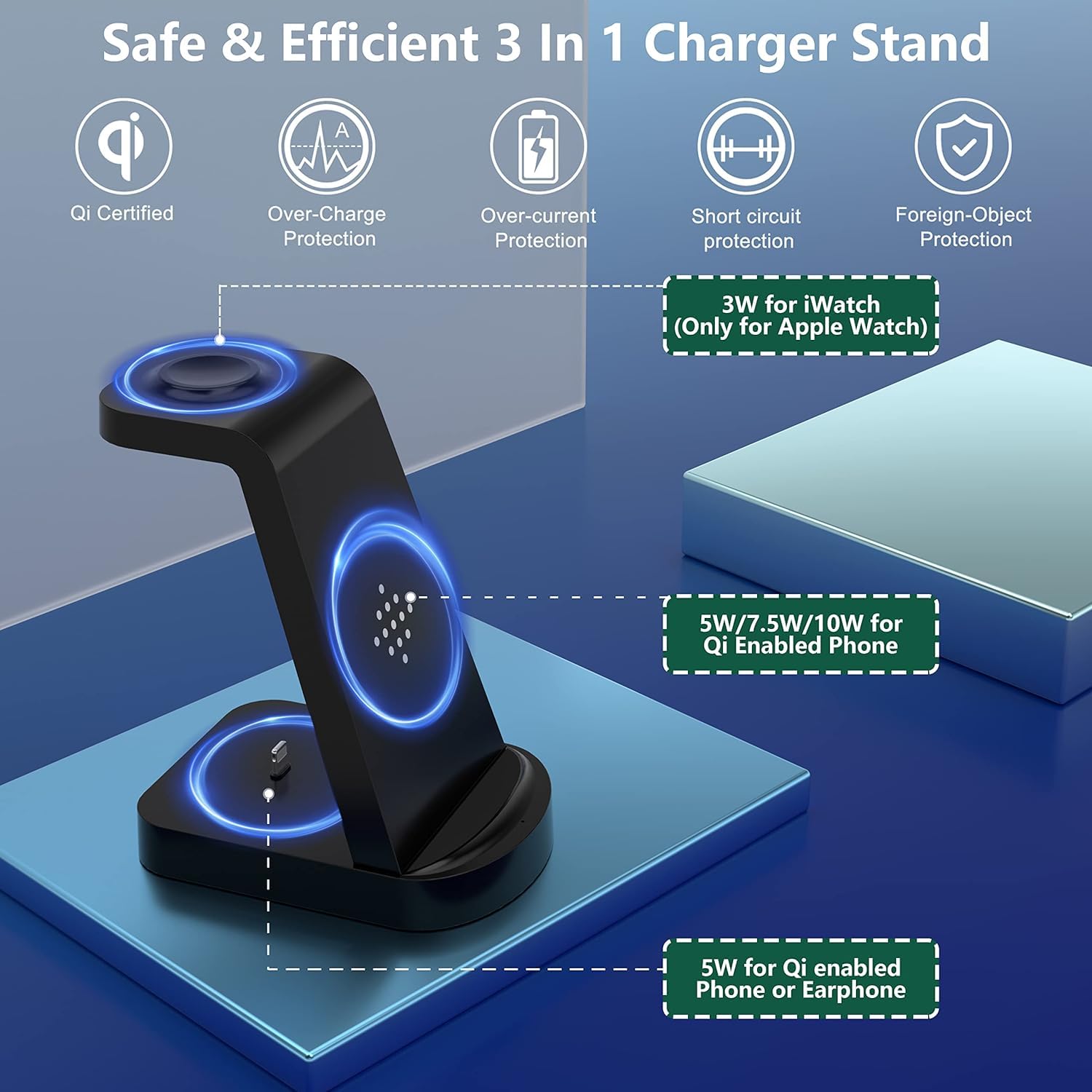 3 in 1 Wireless Charging Station KOOPAO Fast Portable Wireless Charger Dock Stand Compatible with iPhone 14/12/13/11 Pro Max/X/XS/XR/8/8 Plus, iWatch and iPods Series