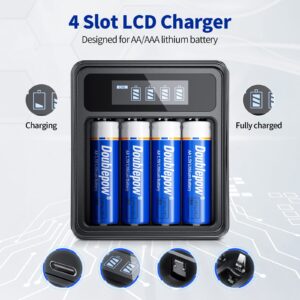 Doublepow AA Rechargeable Lithium Battery with LCD Battery Charger,3400mWh High Capacity Double A Li-ion Batteries with 4 Bay Battery Charger,4 Pack of 1.5V AA Lithium Battery