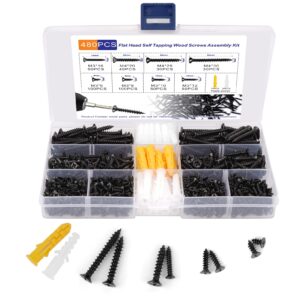 480pcs wood screws assortment kit, m3 m4 small screws set, phillips drive flat head self tapping screw, cabinet screws, black wood screws, 8 sizes short screws fasteners with 30pcs screws anchorss