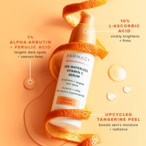 Farmacy 10% Vitamin C Face Serum - Waterless Vitamin C Skin Care Serum to Brighten, Firm + Smooth Skin Texture - Enriched with Upcycled Tangerine Peel to Boost Skin's Moisture + Radiance (30ml)