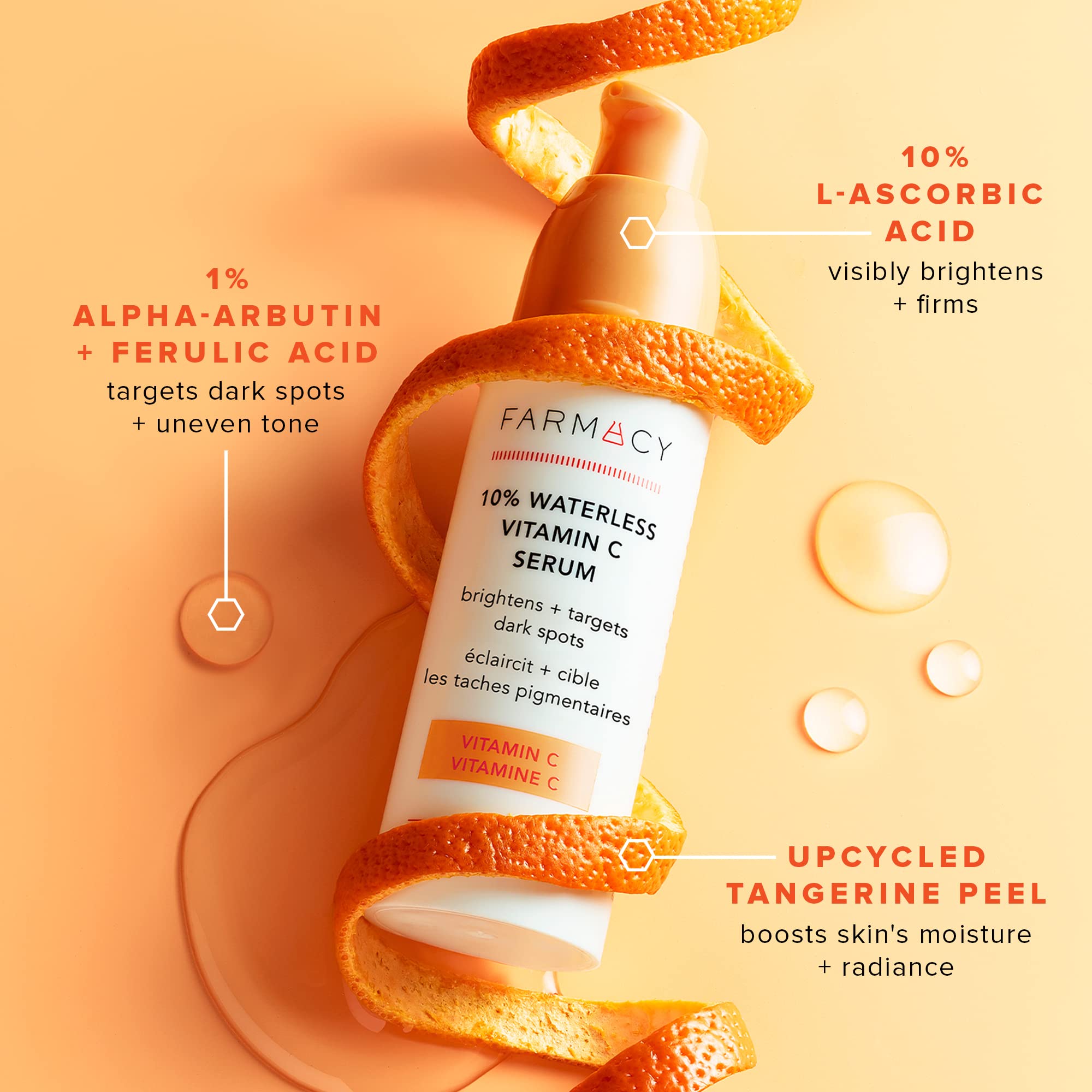 Farmacy 10% Vitamin C Face Serum - Waterless Vitamin C Skin Care Serum to Brighten, Firm + Smooth Skin Texture - Enriched with Upcycled Tangerine Peel to Boost Skin's Moisture + Radiance (30ml)