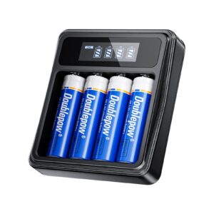 doublepow aa rechargeable lithium battery with lcd battery charger,3400mwh high capacity double a li-ion batteries with 4 bay battery charger,4 pack of 1.5v aa lithium battery