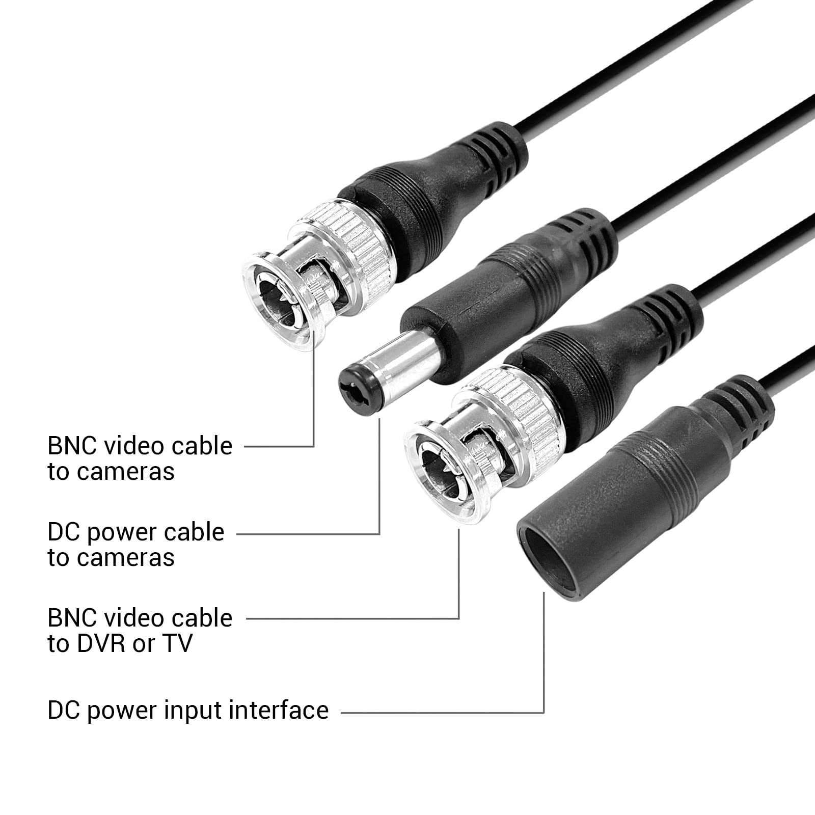 TIGERSECU 4 Pack 60-Feet (18 Meters) Premium BNC Video and Power Extension Cables for CCTV Video Security Camera Systems (4-Pack, Black)