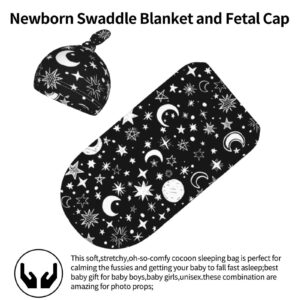 Ykklima Baby Newborn Swaddle Blanket with Beanie Hat- Black White Moon and Star Pattern Receiving Blanket Sleep Sack for Girls Boys Infant Gifts