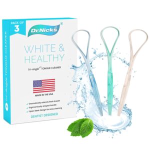 dr. nick’s white & healthy tongue scraper (3 pack), dentist designed to cure bad breath, easy to use plastic tounge scraper cleaner maintains oral care for adults (green blue & white)