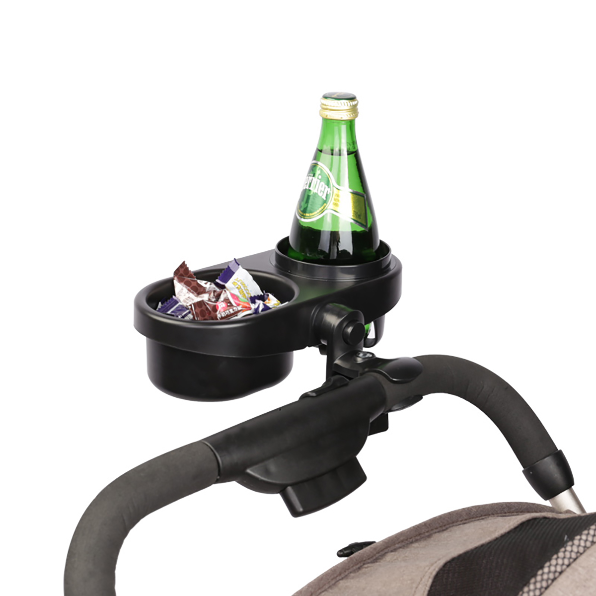 MTRSUE Universal Stroller Cup Holder with Snack Tray, 360° Rotation Removable Stroller Accessories with Non Slip Clip Firmly Grip Stroller Bar