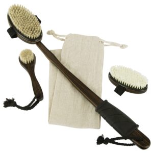 vive dry brush set for lymphatic drainage (3 pieces) - brushing scrubber for exfoliating, body cellulite and skin massage - 100% natural boar hair bristles, 14” long dark wooden handle w/storage bag