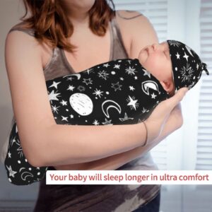 Ykklima Baby Newborn Swaddle Blanket with Beanie Hat- Black White Moon and Star Pattern Receiving Blanket Sleep Sack for Girls Boys Infant Gifts