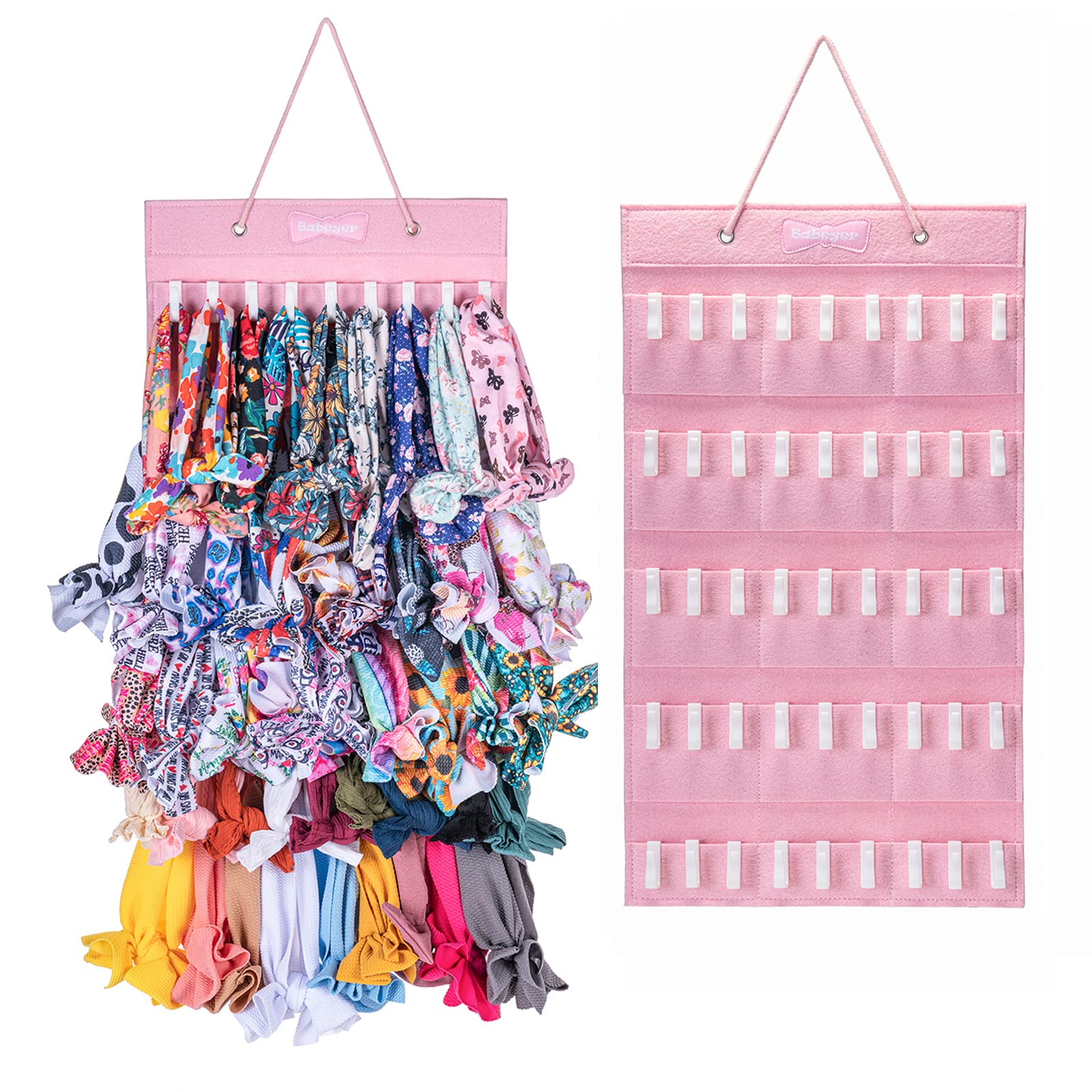 BABEYER Hanging Headbands Organizer for Baby Girls, Pink - 1 Count (Pack of 1), Holds 90 Baby Headbands Easily, Keeps Baby Girls Hair Accessories Organized- 45pcs Hooks