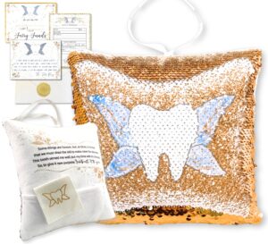 tooth fairy pillow kit for girls and boys - tooth fairy evidence kit with tooth fairy bag - multi color reversible sequin and large pocket - tooth pillow with letter & 2 customizable certificates