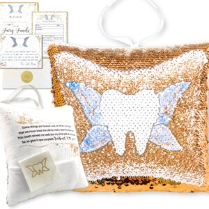 Tooth Fairy Pillow Kit for Girls and Boys - Tooth Fairy Evidence Kit with Tooth Fairy Bag - Multi Color Reversible Sequin and Large Pocket - Tooth Pillow with Letter & 2 Customizable Certificates