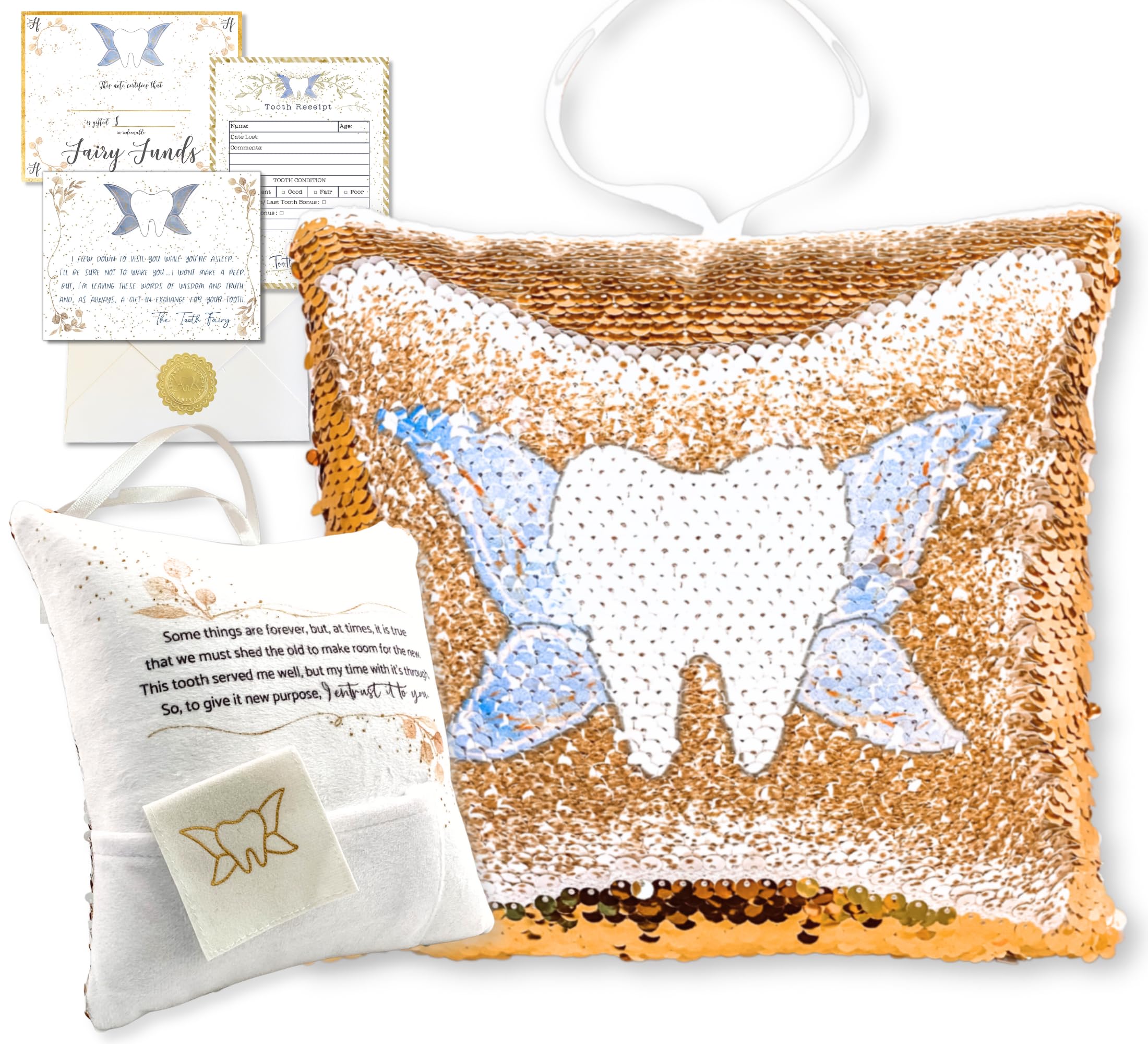 Tooth Fairy Pillow Kit for Girls and Boys - Tooth Fairy Evidence Kit with Tooth Fairy Bag - Multi Color Reversible Sequin and Large Pocket - Tooth Pillow with Letter & 2 Customizable Certificates