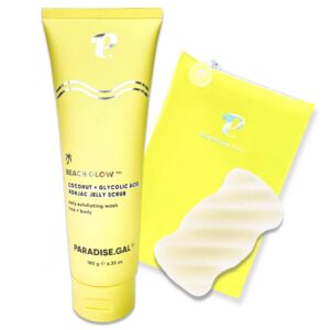 gentle exfoliating scrub for face & body by paradisegal - korean skincare set with coconut & glycolic acid jelly scrub + konjac sponge & bag - ideal for smoothing rough skin, kp, cellulite