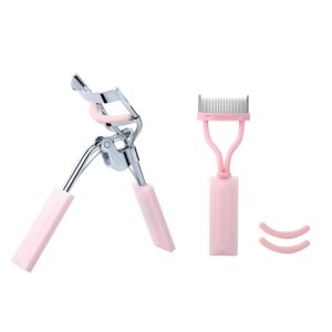 eyelash curler and eyelash comb set with 2 refill pads (pink)