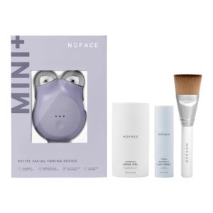 nuface mini+ microcurrent facial device kit - fda cleared face sculpting & skin tightening device to contour, lift & tone + microcurrent gel activator, silk crème & applicator brush - violet dusk