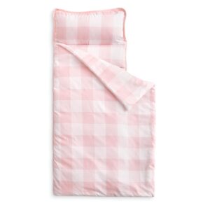 wake in cloud - toddler nap mat with pillow and blanket, for kids boys girls in kindergarten daycare preschool pre k, roll up sleeping bag, pink white gingham buffalo plaid, extra long