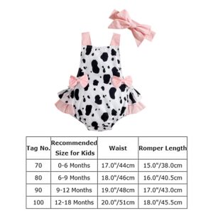 Baby Girls Cow Print Romper Summer Sleeveless Backless Jumpsuit Ruffle Bowknot Tutu Dress Sunsuit with Headband Farm Cow Themed First Birthday Coming Home Outfit for Photo Props Pink Cow 12-18 Months