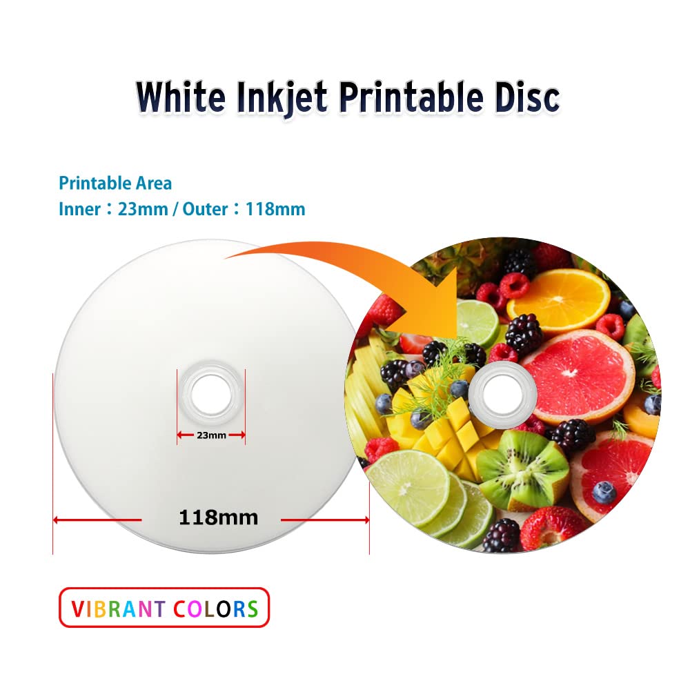 PlexDisc TY Series Blue CD-R 52X 700MB Music Digital Audio White Inkjet Hub Printable Recordable Media Disc - 50pk Cake Box 669-214-Y-BX, 50 Discs