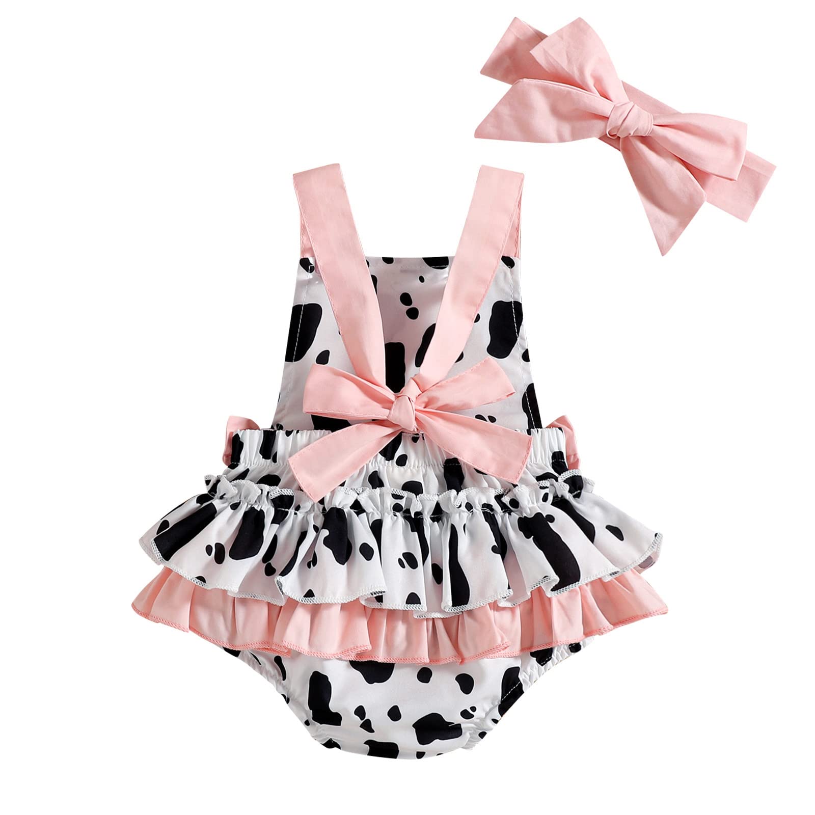 Baby Girls Cow Print Romper Summer Sleeveless Backless Jumpsuit Ruffle Bowknot Tutu Dress Sunsuit with Headband Farm Cow Themed First Birthday Coming Home Outfit for Photo Props Pink Cow 12-18 Months