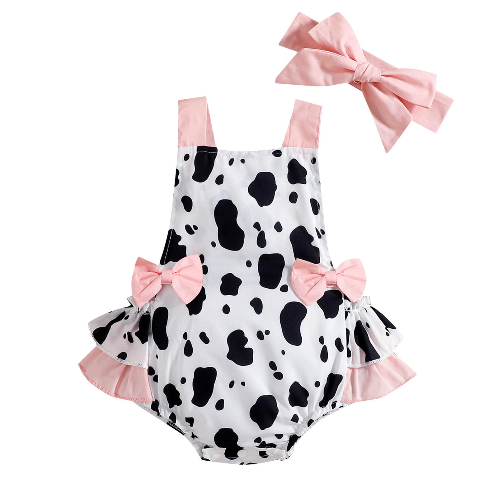 Baby Girls Cow Print Romper Summer Sleeveless Backless Jumpsuit Ruffle Bowknot Tutu Dress Sunsuit with Headband Farm Cow Themed First Birthday Coming Home Outfit for Photo Props Pink Cow 12-18 Months