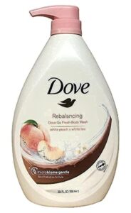 dove rebalancing go fresh body wash, white peach and white tea scent, microbiome gentle, 33.8 ounce pump bottle