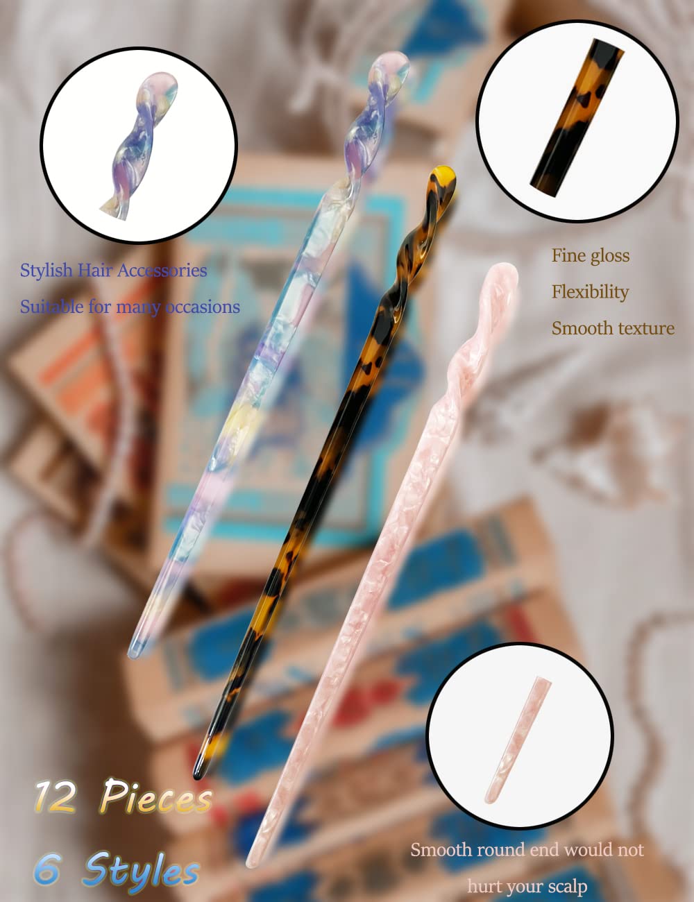 12 Pieces Acetate Hair Sticks Tortoise Shell Hairpin Leopard Shell Print Hair Sticks for Long Hair Chinese Hair Sticks Hair Styling Accessories Hair Chopsticks for Women Girls