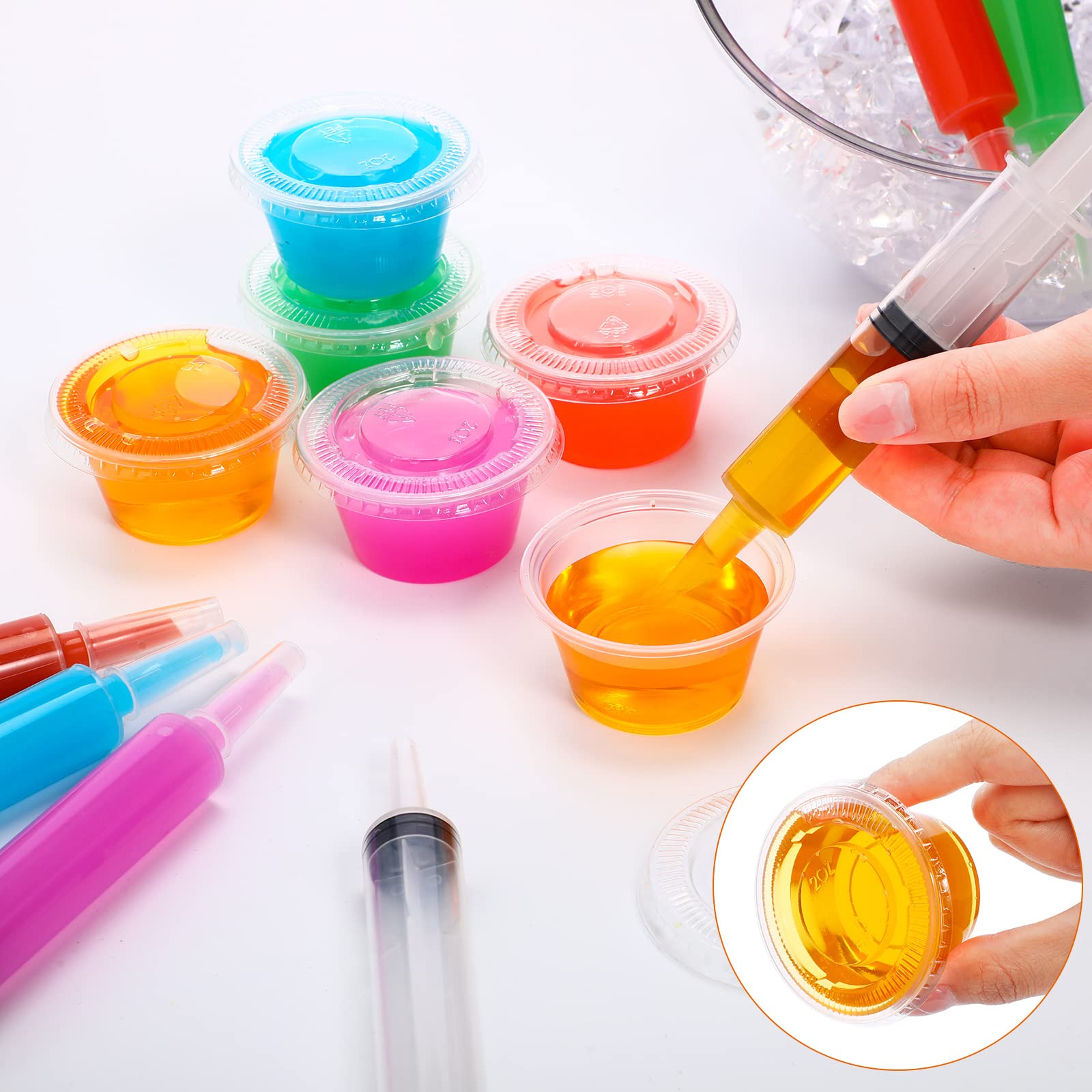 50 Pack Shot Set Include 24 Pcs 0.7 oz Shot Syringes 24 Pcs 2 oz Shot Cups with Lids and 2 Pcs 1 Liter Acrylic Bucket for Birthday Thanksgiving Halloween Christmas Bachelorette Theme Party