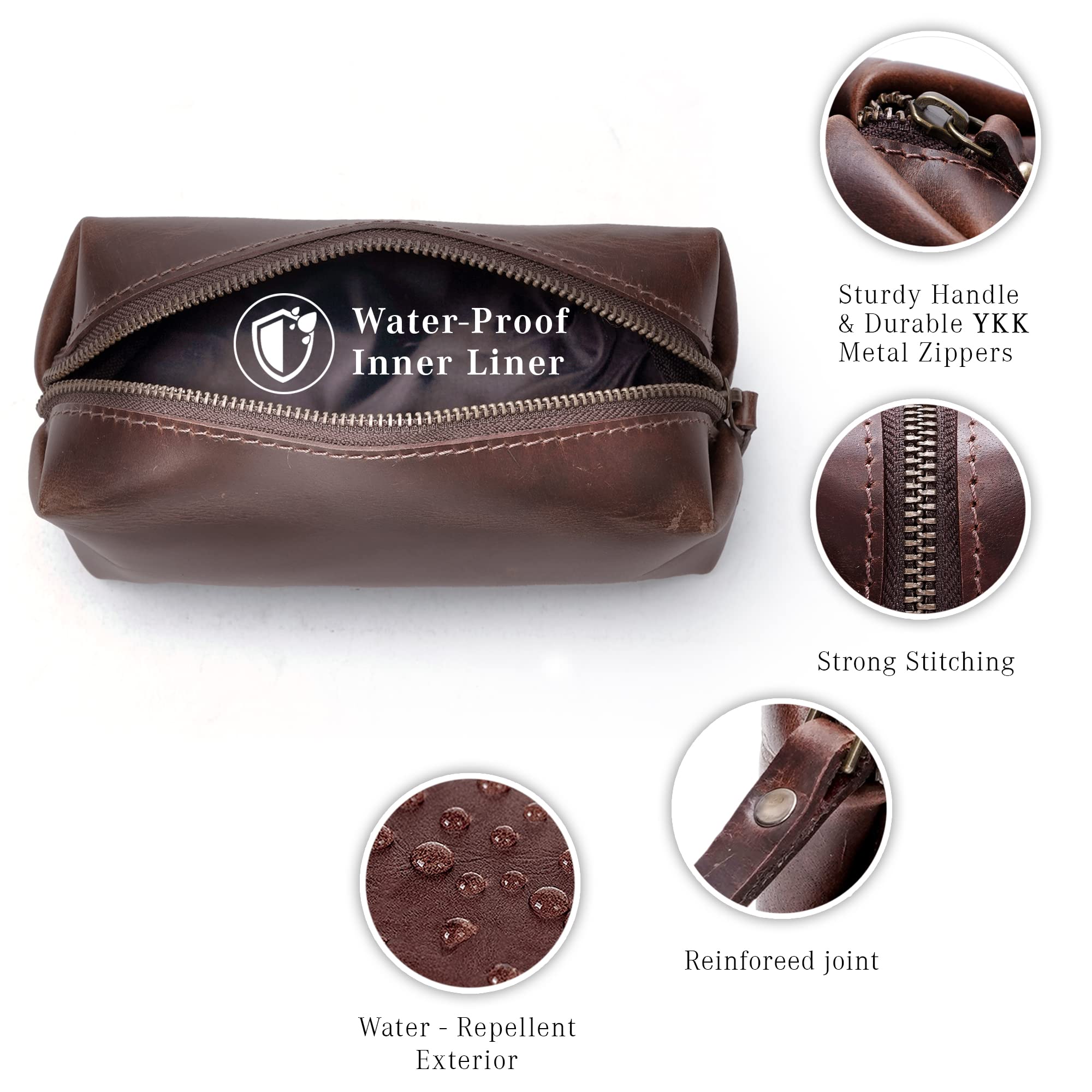 LUXEORIA Premium Leather Small Toiletry Bags for Men and Women, Genuine Leather Dopp Kit and Shaving Bag for Men, Travel Cosmetic Bag for Women's and Men's, Dark Brown