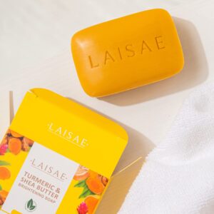 LAISAE Turmeric Brightening Soap Bar for Face Moisturizer with Shea Butter, Licorice Root Extract - Uneven Skin Tone Body Cleansing Bar for Black Women, Sensitive Skin, Vegan Soap, 3.52 oz (2 Bars)