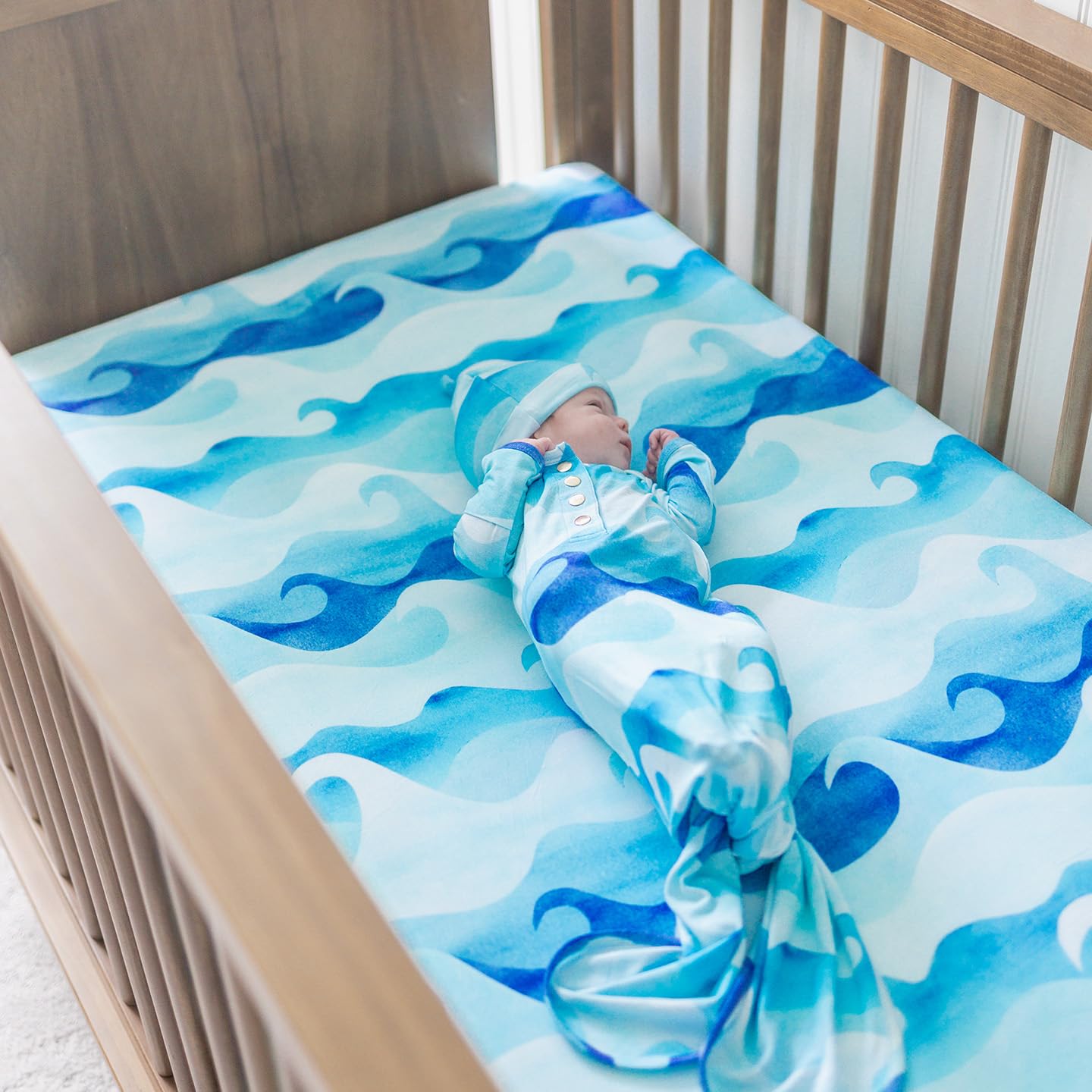 Ocean Wave Fitted Crib Sheet, Made from Viscose from Bamboo and Spandex Material, Fits Standard Crib and Toddler Mattresses, by Florida Kid Co.