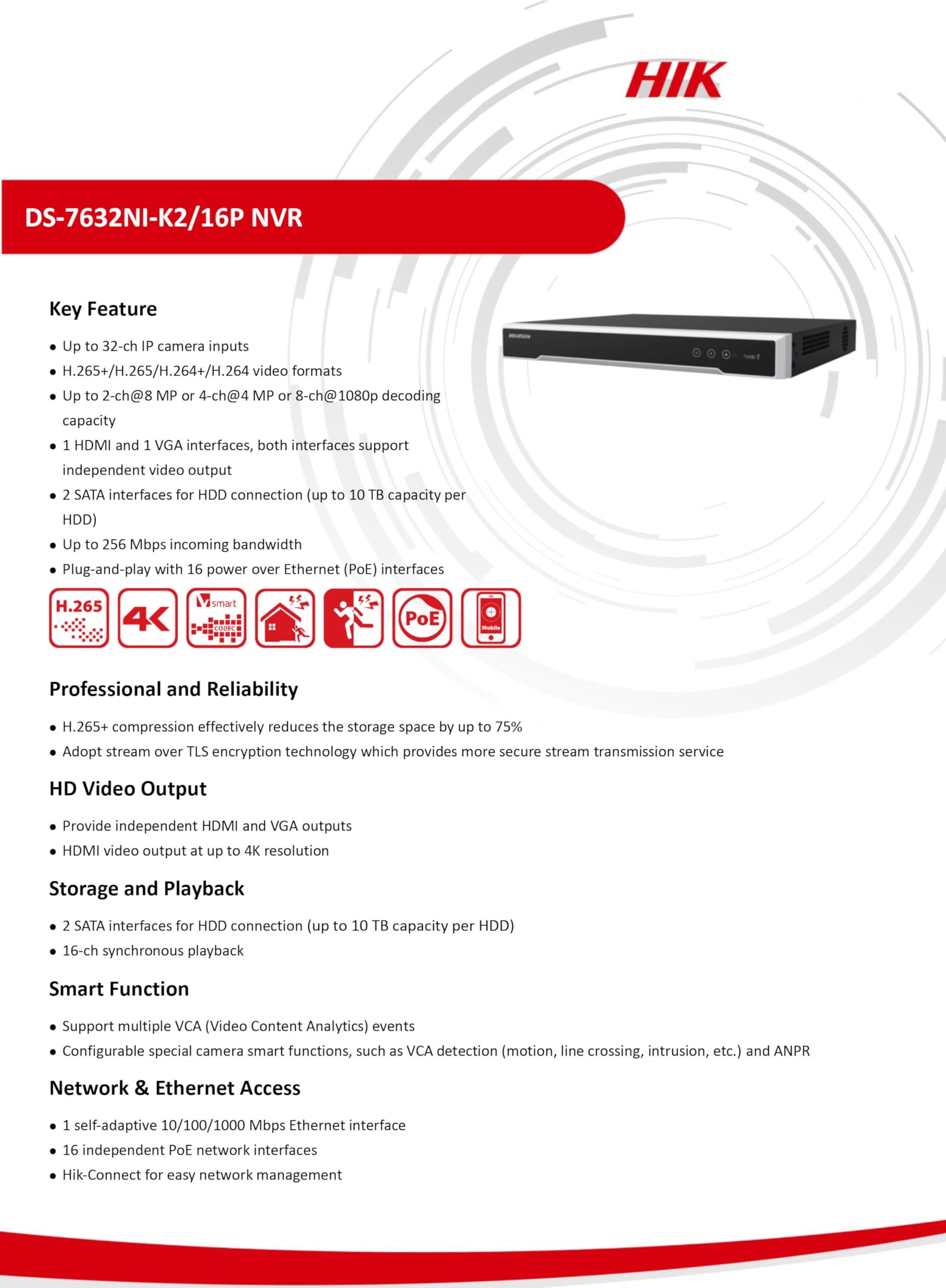 HIKVISI0N DS-7632NI-K2/16P 32 Channel with 2 Hard Drive Spaces,16 POE Ports 4K 8MP IP Network Video Recorder NVR, Compatible with Hikvision Hik-Connect, Hard Drive Not Included