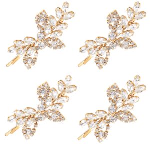 waydress 4 pcs rhinestone bridal hair clip leaf wedding hairpin bride crystal hair barrette accessories for women(gold, rhinestone style)