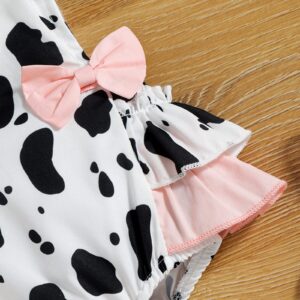 Baby Girls Cow Print Romper Summer Sleeveless Backless Jumpsuit Ruffle Bowknot Tutu Dress Sunsuit with Headband Farm Cow Themed First Birthday Coming Home Outfit for Photo Props Pink Cow 12-18 Months