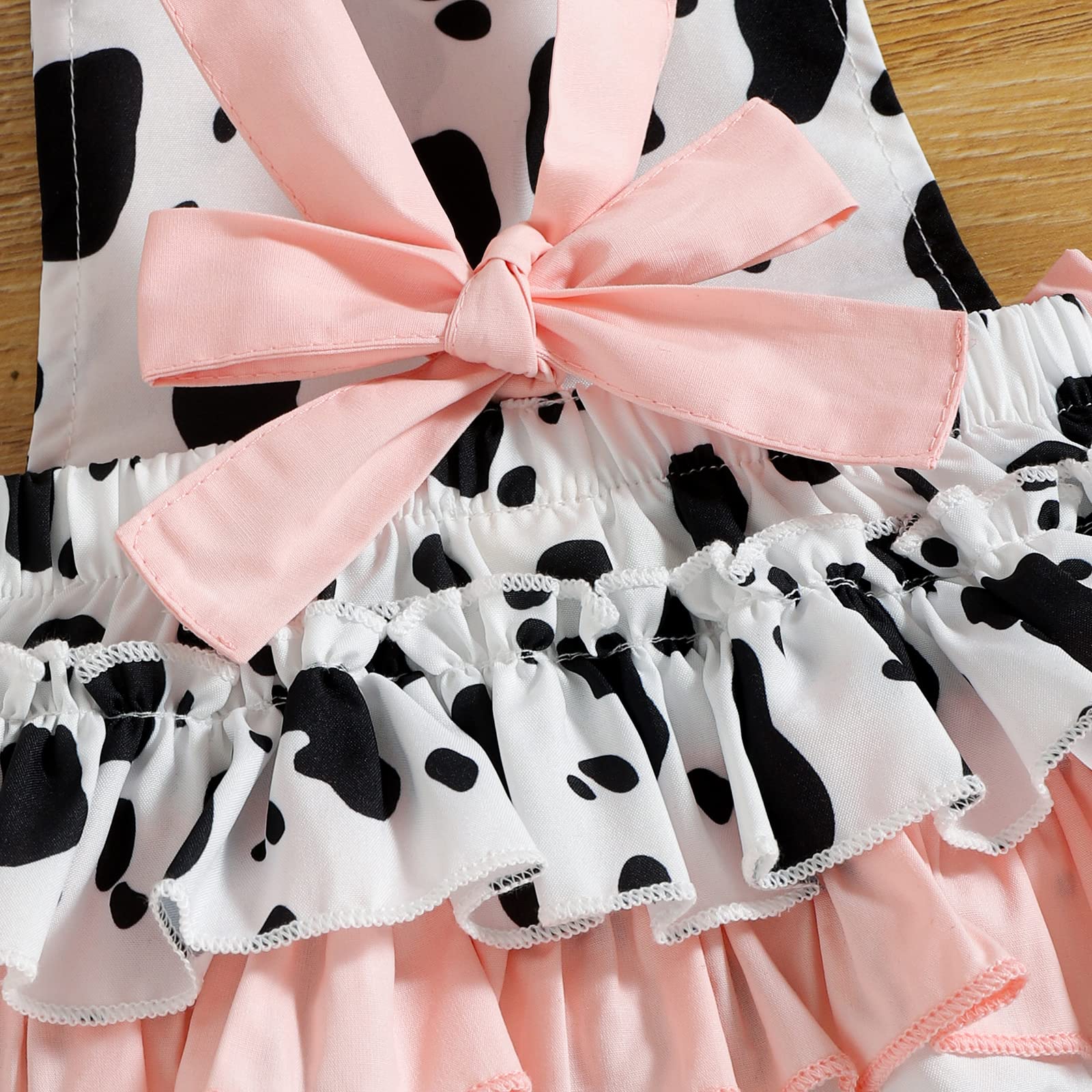 Baby Girls Cow Print Romper Summer Sleeveless Backless Jumpsuit Ruffle Bowknot Tutu Dress Sunsuit with Headband Farm Cow Themed First Birthday Coming Home Outfit for Photo Props Pink Cow 12-18 Months