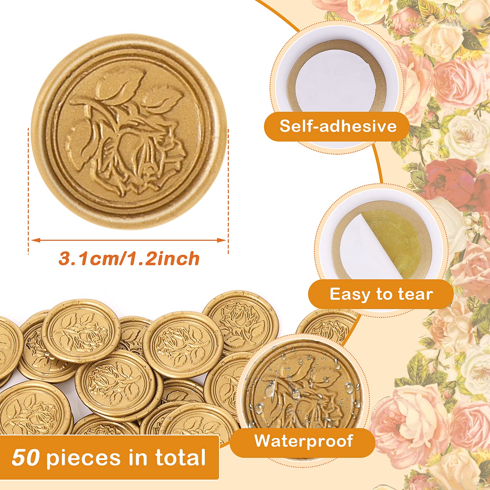 Prasacco 50 Pieces Wax Seal Stickers, Envelope Seal Stickers Vintage Wedding Invitation Envelope Seals Self Adhesive Rose Flower Gold Stickers for Valentine's Day Birthday Bridal Shower Party