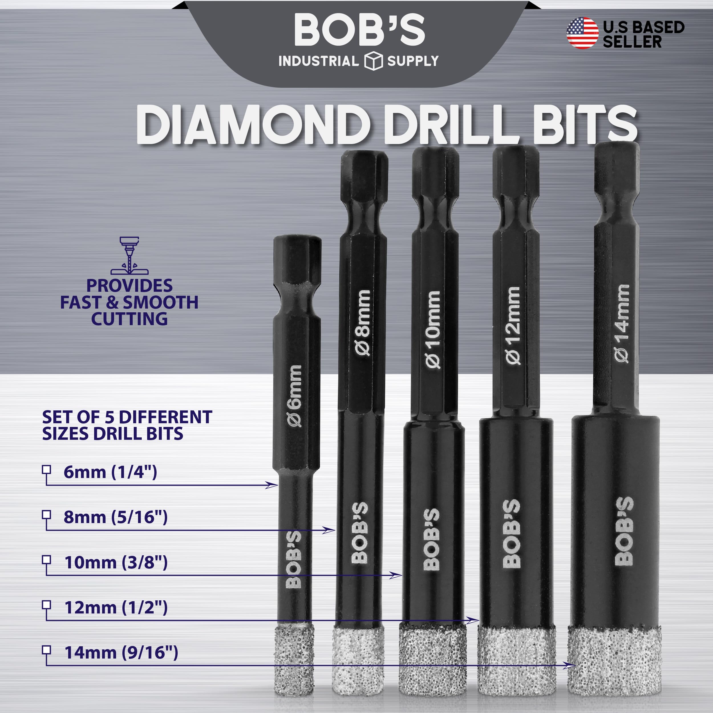 BISupply Dry Diamond Drill Bit Set - 5pc Porcelain Tile Drill Bits Ceramic Diamond Drill Bits for Stone Glass Granite